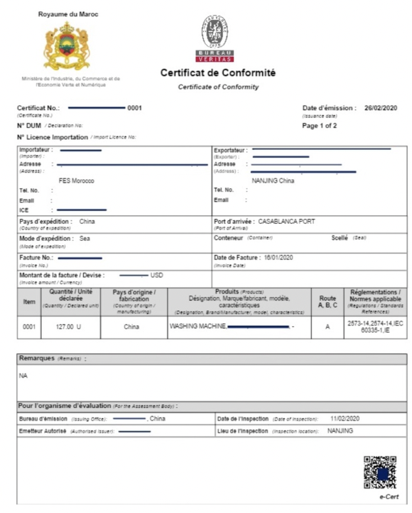 Export to Morocco COC certification process method, cost and Leadtime